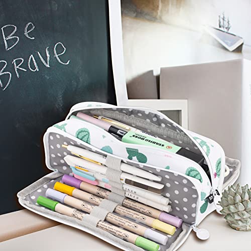 ANGOOBABY Large Pencil Case Big Capacity 3 Compartments Canvas Pencil Pouch for Teen Boys Girls School Students (Green Cactus)