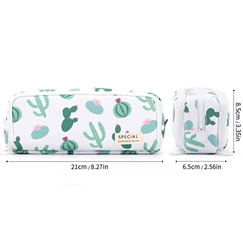 ANGOOBABY Large Pencil Case Big Capacity 3 Compartments Canvas Pencil Pouch for Teen Boys Girls School Students (Green Cactus)