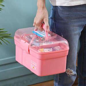 Kinsorcai 11'' Plastic Storage Box with Removable Tray, Multipurpose Organizer and Storage Case for Art Craft and Cosmetic (Pink)