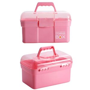 Kinsorcai 11'' Plastic Storage Box with Removable Tray, Multipurpose Organizer and Storage Case for Art Craft and Cosmetic (Pink)