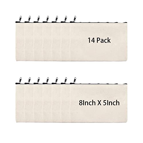 14Pieces 8 x 5 Inch Blank Craft DIY Canvas Pen Pencil Case- Cotton Canvas Invoice Bill Bag Makeup Bag Cosmetic Bag Multipurpose Travel Toiletry Pouch with Black Zipper…