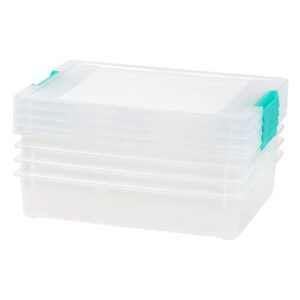 IRIS USA 6 Quart Clip Box, Clear Plastic Storage Bins with Secure Latching Buckles, Organizing Container for Office, School, Kids and Craft Room, Large, Clear/Seafoam Blue, 4 Pack