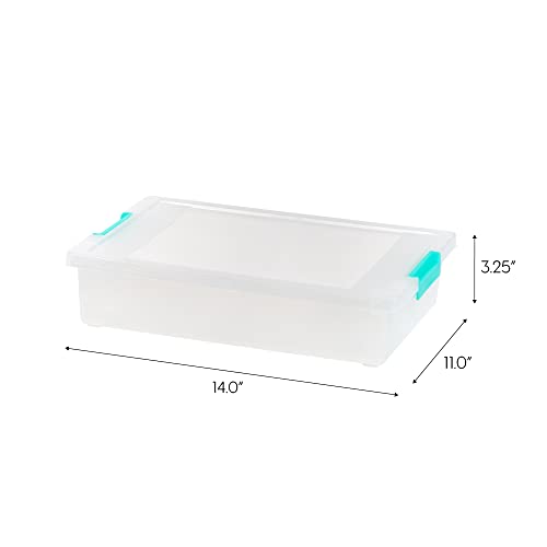 IRIS USA 6 Quart Clip Box, Clear Plastic Storage Bins with Secure Latching Buckles, Organizing Container for Office, School, Kids and Craft Room, Large, Clear/Seafoam Blue, 4 Pack