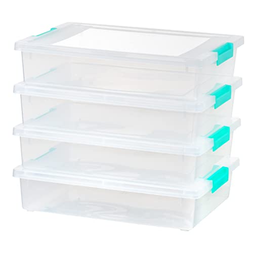 IRIS USA 6 Quart Clip Box, Clear Plastic Storage Bins with Secure Latching Buckles, Organizing Container for Office, School, Kids and Craft Room, Large, Clear/Seafoam Blue, 4 Pack