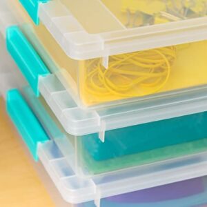 IRIS USA 6 Quart Clip Box, Clear Plastic Storage Bins with Secure Latching Buckles, Organizing Container for Office, School, Kids and Craft Room, Large, Clear/Seafoam Blue, 4 Pack