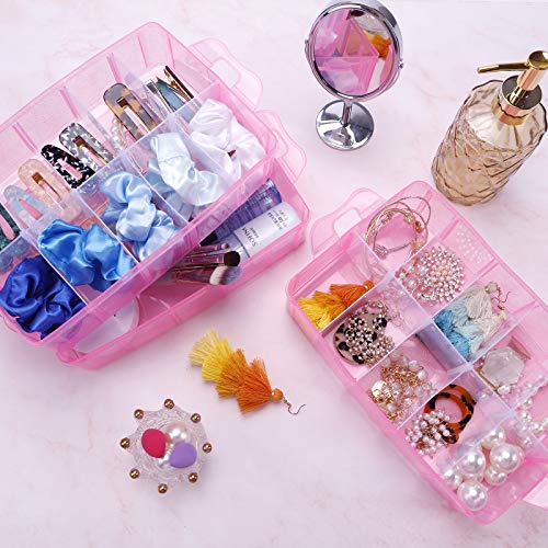 SGHUO 3-Tier Pink Craft Storage Container, Stackable Organizer Box with Dividers for Art Supplies, Beads, Washi Tapes, Seed, Hair Accessories, Nail, 9.5X6.5X7.2in