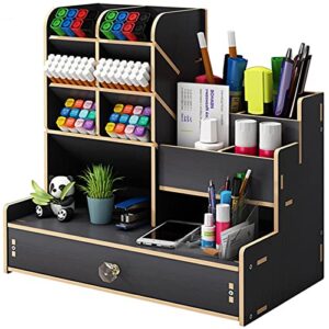 marbrasse upgraded wooden pencil holder, pen organizer for desk , easy assembly, art supply organizer, desktop stationary organizer caddy (b17-black)