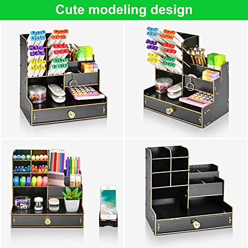 Marbrasse Upgraded Wooden Pencil Holder, Pen Organizer for Desk , Easy Assembly, Art Supply Organizer, Desktop Stationary Organizer Caddy (B17-Black)