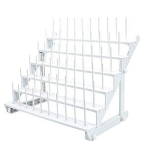 sew tech thread rack for 60 spools or 30 cones, wall mounted large thread holder with long pegs, bright white plastic thread stand for embroidery serger sewing thread storage and hair braiding