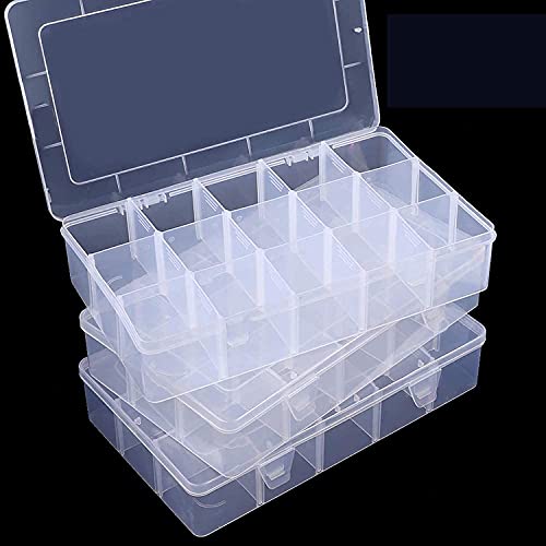 SGHUO 3 Pack 15 Grids Plastic Organizer Box for Washi Tape, Clear Crafts and Jewelry Storage Box with Adjustable Dividers