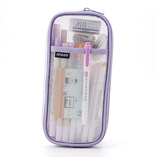 EASTHILL Grid Mesh Pen Pencil Case with Zipper Clear Makeup Color Pouch Cosmetics Bag Multi-Purpose Travel School Teen Girls Transparent Stationary Bag Office Organizer Box for Adluts(Purple)