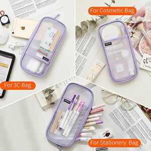 EASTHILL Grid Mesh Pen Pencil Case with Zipper Clear Makeup Color Pouch Cosmetics Bag Multi-Purpose Travel School Teen Girls Transparent Stationary Bag Office Organizer Box for Adluts(Purple)