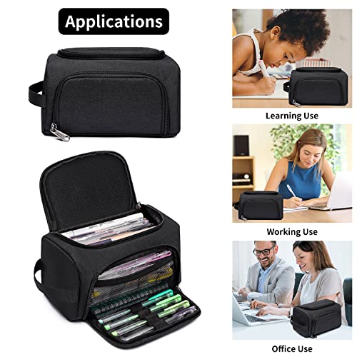 Large Pencil Case, Big Pencil Pouch with Easy Grip Handle for Girls Boys, Multifunction Pen Case Stationery Office Travel Makeup Organizer for Adults Women Men College Back to School Gifts for Students, Black