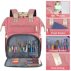 Knitting Bag Backpack,Yarn Storage Organizer Travel Crochet Bag with USB Charging Port,Large Capacity Yarn Storage Tote Bag Yarn Holder Case for Carrying Projects, Knitting Needles, Crochet Hooks Pink