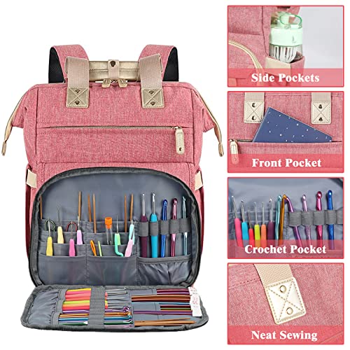 Knitting Bag Backpack,Yarn Storage Organizer Travel Crochet Bag with USB Charging Port,Large Capacity Yarn Storage Tote Bag Yarn Holder Case for Carrying Projects, Knitting Needles, Crochet Hooks Pink