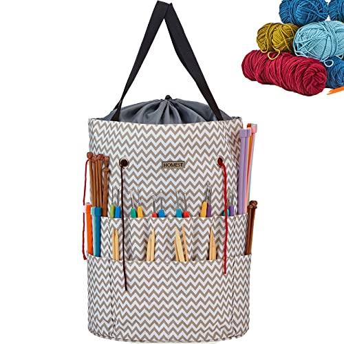 HOMEST Large Crochet Bag with Customized Front Compartment for Knitting Accessories, Yarn Storage with 6 Oversized Grommets, Tote Organizer with Drawstring Closure, Ripple