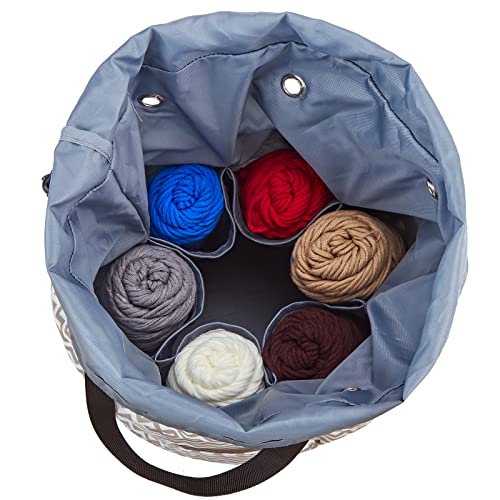 HOMEST Large Crochet Bag with Customized Front Compartment for Knitting Accessories, Yarn Storage with 6 Oversized Grommets, Tote Organizer with Drawstring Closure, Ripple