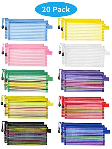 JARLINK 20 Pack 10 Colors Zipper Mesh Pouch, Pencil Pouch Pen Bag Multipurpose Travel Bags for Office Supplies Cosmetics Travel Accessories Multicolor