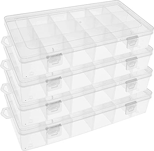 SGHUO 4 Pack 18 Plastic Organizer Box with Adjustable Dividers, Compartment Storage Container for Jewelry, Craft DIY, Bead, Sewing, Dip Powder, Hair Accessories, Thread