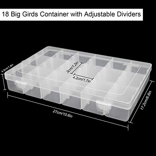 5 Pack Plastic Jewelry Organizer Box 18 Big Girds Clear Storage Organizer Case with Adjustable Dividers Jewelry Storage Container Multi Compartment Storage Box for Washi Tape, Bead, Gem, Rock