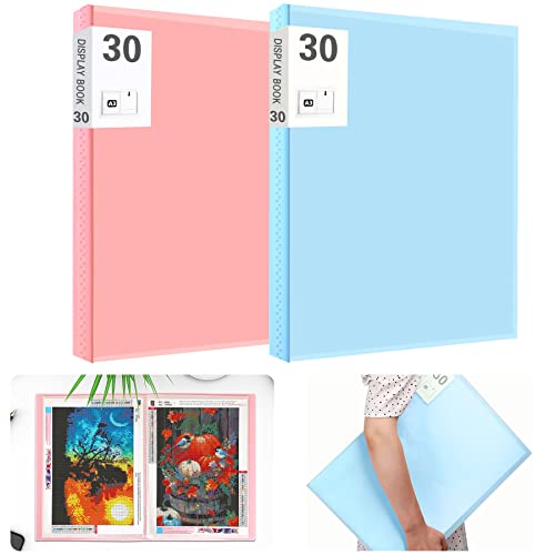 UPINS A3 Diamond Painting Storage Book for Diamond Painting Kits, 2Pack 30 Pages Diamond Art Painting Portfolio Presentation Storage Book Folder Clear Pockets 11.8 X15.7inches (Blue + Pink)