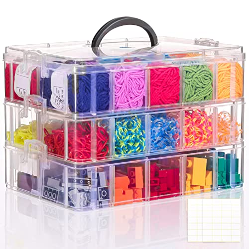 Quefe 3-Tier Stackable Storage Container Box with 30 Compartments, Plastic Organizer Box for Arts and Crafts, Toy, Fuse Beads, Washi Tapes