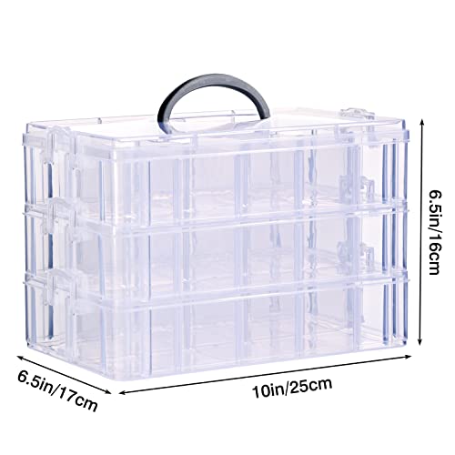 Quefe 3-Tier Stackable Storage Container Box with 30 Compartments, Plastic Organizer Box for Arts and Crafts, Toy, Fuse Beads, Washi Tapes