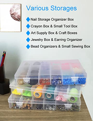 Hlotmeky Bead Organizer Box 3 Pack Plastic Craft Organizer 36 Grid Compartment Organizer Box with Dividers Clear Tackle Box