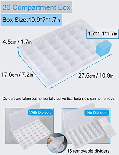 Hlotmeky Bead Organizer Box 3 Pack Plastic Craft Organizer 36 Grid Compartment Organizer Box with Dividers Clear Tackle Box