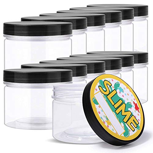 Opret 12 Pack 10oz Empty Slime Containers, Large Plastic Slime Jars with Lids and Labels Clear Storage Organizers for Slime Making, Food and Beauty Products, BPA Free