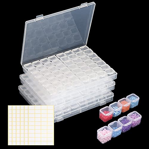 Quefe 168 Slots Diamond Painting Storage Containers, 3pcs 56 Grids Clear Diamond Painting Accessories and Tools Boxes Bead Organizers with Label Stickers for Diamond Art Embroidery Nail Accessories