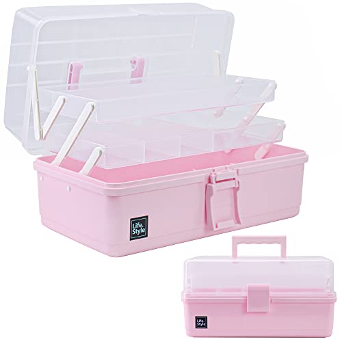 Creahaus 13 inch Art Craft Organizer Storage Box with 3 Layers, Multifunctional Plastic Tool Box with Handle for Sewing, Makeup, Medicine, Nail, Hair Accessories for Kids (Pink)