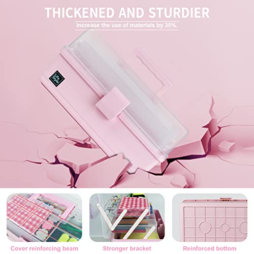 Creahaus 13 inch Art Craft Organizer Storage Box with 3 Layers, Multifunctional Plastic Tool Box with Handle for Sewing, Makeup, Medicine, Nail, Hair Accessories for Kids (Pink)