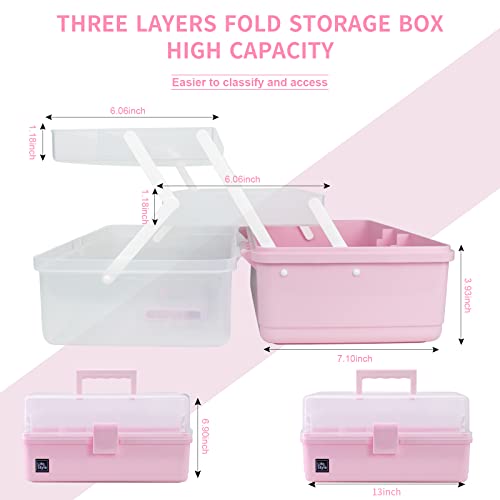 Creahaus 13 inch Art Craft Organizer Storage Box with 3 Layers, Multifunctional Plastic Tool Box with Handle for Sewing, Makeup, Medicine, Nail, Hair Accessories for Kids (Pink)