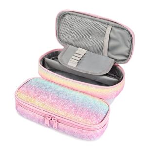 mibasies girls pencil case for kids, pencil pouch boys soft rainbow pen box (pink blue rainbow)