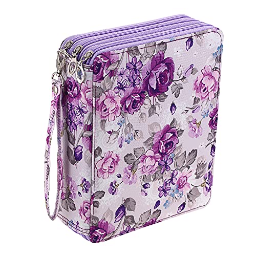 BTSKY Colored Pencil Case- 120 Slots Pencil Holder Pen Bag Large Capacity Pencil Organizer with Handle Strap Handy Colored Pencil Box with Printing Pattern (Purple Flower)