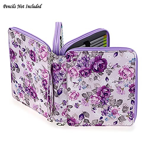 BTSKY Colored Pencil Case- 120 Slots Pencil Holder Pen Bag Large Capacity Pencil Organizer with Handle Strap Handy Colored Pencil Box with Printing Pattern (Purple Flower)