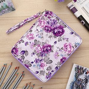 BTSKY Colored Pencil Case- 120 Slots Pencil Holder Pen Bag Large Capacity Pencil Organizer with Handle Strap Handy Colored Pencil Box with Printing Pattern (Purple Flower)