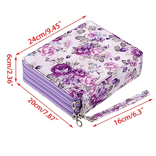 BTSKY Colored Pencil Case- 120 Slots Pencil Holder Pen Bag Large Capacity Pencil Organizer with Handle Strap Handy Colored Pencil Box with Printing Pattern (Purple Flower)