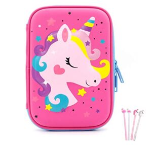 pencil case for girls, 3d cute eva unicorn pen pouch stationery box anti-shock large capacity multi-compartment for school with 4 unicorn pens