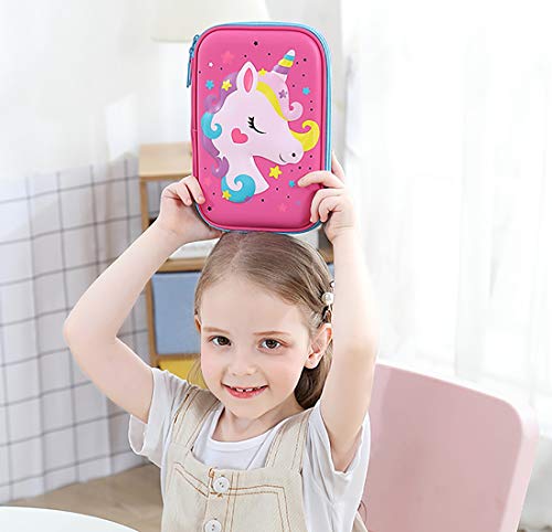 Pencil Case for Girls, 3D Cute EVA Unicorn Pen Pouch Stationery Box Anti-Shock Large Capacity Multi-Compartment for School with 4 unicorn pens