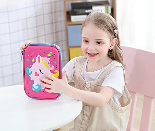 Pencil Case for Girls, 3D Cute EVA Unicorn Pen Pouch Stationery Box Anti-Shock Large Capacity Multi-Compartment for School with 4 unicorn pens