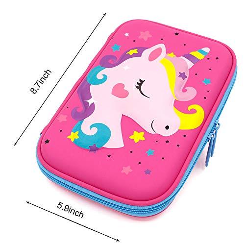 Pencil Case for Girls, 3D Cute EVA Unicorn Pen Pouch Stationery Box Anti-Shock Large Capacity Multi-Compartment for School with 4 unicorn pens