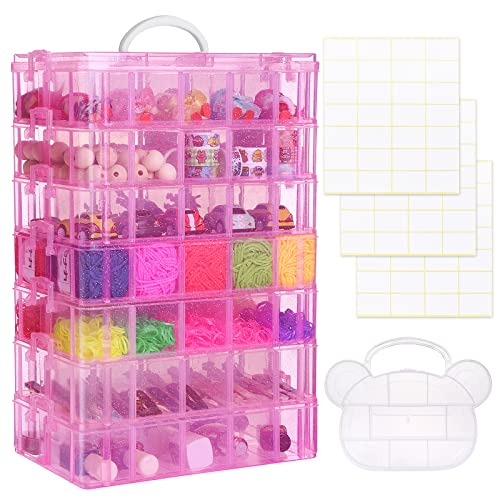 Quefe 7-Tier Pink Stackable Storage Container, 70 Adjustable Compartments Craft Organizers and Storage Box with Handle for Kids Toys, Art Crafts, Jewelry, Supplies, Fuse Beads, Washi Tapes