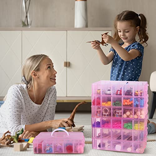 Quefe 7-Tier Pink Stackable Storage Container, 70 Adjustable Compartments Craft Organizers and Storage Box with Handle for Kids Toys, Art Crafts, Jewelry, Supplies, Fuse Beads, Washi Tapes