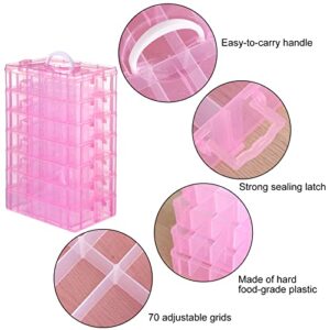 Quefe 7-Tier Pink Stackable Storage Container, 70 Adjustable Compartments Craft Organizers and Storage Box with Handle for Kids Toys, Art Crafts, Jewelry, Supplies, Fuse Beads, Washi Tapes