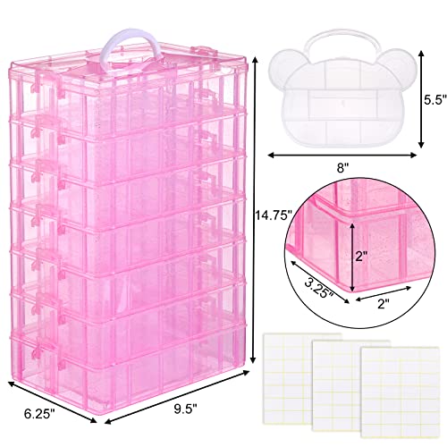 Quefe 7-Tier Pink Stackable Storage Container, 70 Adjustable Compartments Craft Organizers and Storage Box with Handle for Kids Toys, Art Crafts, Jewelry, Supplies, Fuse Beads, Washi Tapes