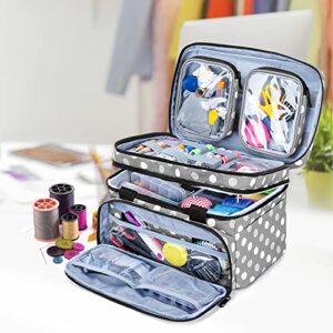 BAFASO Double Layer Sewing Accessories Organizer with 2 Detachable Pouches, Large Sewing Storage Bag for Sewing Tools, Polka Dots