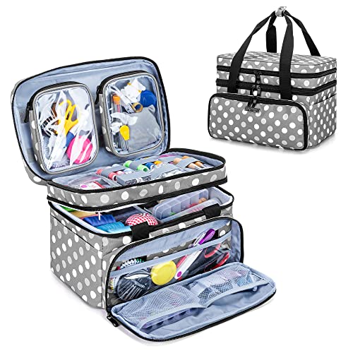 BAFASO Double Layer Sewing Accessories Organizer with 2 Detachable Pouches, Large Sewing Storage Bag for Sewing Tools, Polka Dots