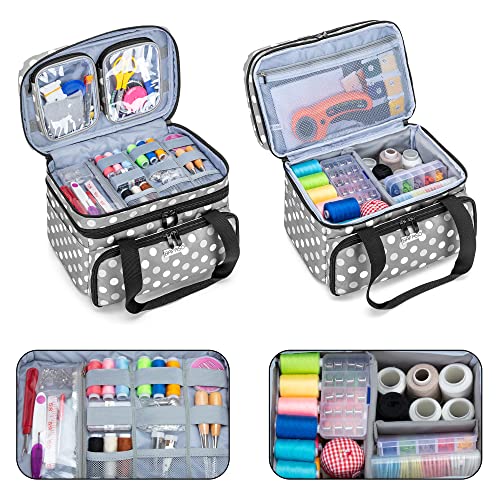 BAFASO Double Layer Sewing Accessories Organizer with 2 Detachable Pouches, Large Sewing Storage Bag for Sewing Tools, Polka Dots